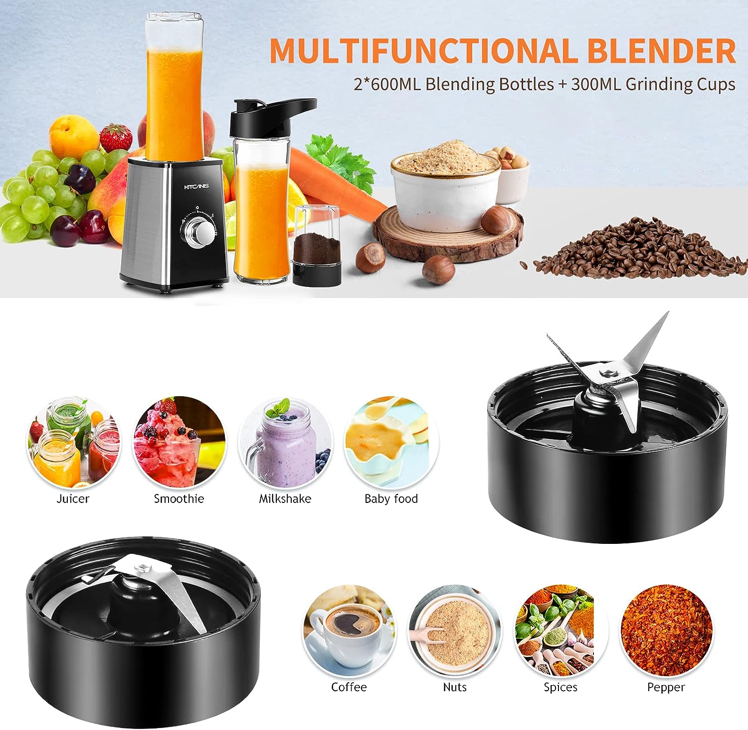Blender Smoothie Maker 600W, 3 in 1 Multifunctional Personal Smoothie ...